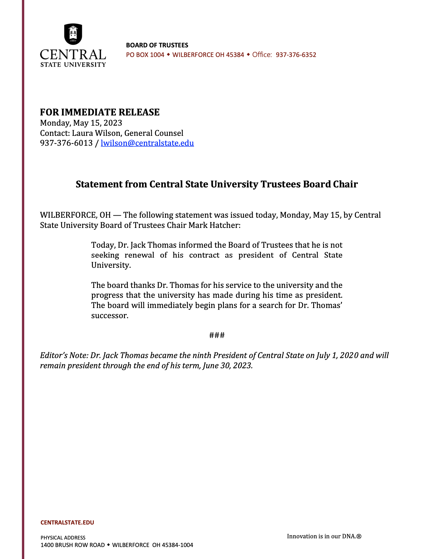 A Letter From President Jack Thomas And Board Of Trustees Statement Central State University